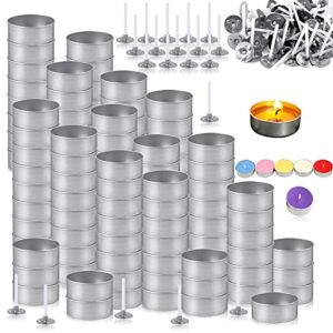 wfplus 100 pcs aluminum tea lights cups, empty case candle wax containers, metal tea light tins with 100 pcs candle wicks packaged in carton box, candle mold for diy candles making supplies