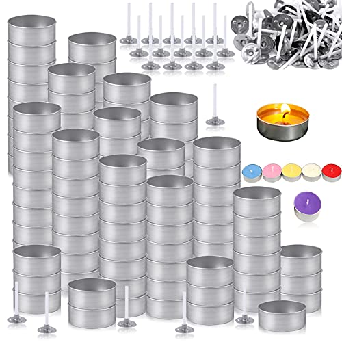 WFPLUS 100 Pcs Aluminum Tea Lights Cups, Empty Case Candle Wax Containers, Metal Tea Light Tins with 100 Pcs Candle Wicks Packaged in Carton Box, Candle Mold for DIY Candles Making Supplies