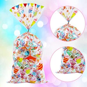 Konsait 120pcs Birthday Cellophane Bags, Bday Clear Candy Cookie Treat Bags with Twist Ties for Bakery Biscuit Chocolate Snacks, Holiday Goody Bags, Birthday Baby Shower Gifts Party Favors Supplies