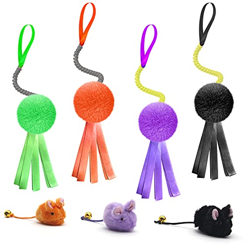 Lepawit 7Pcs Cat Hanging Toys Furry Balls Sound Toy with Ribbon and Elastic Coil Springs Catnip Hanging Cats Teaser Toys Cat Toy Mouse with Bells and Crinkle Paper for Indoor Cat