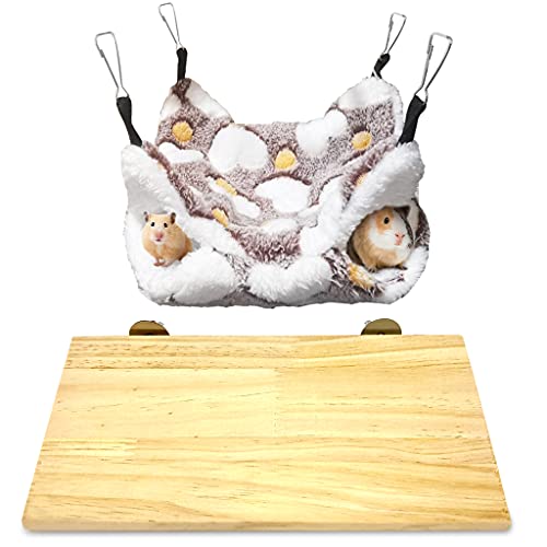 PlayCraftz Rectangle Wood Activity Platform and Hammock for Cage Shelves & Wood Perch Ledges for Small Animals Cages and Pets Like Hamsters, Mice, Chinchilla, Guinea Pigs, Birds, Rats.