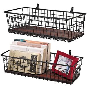 2 set [extra large] portable metal farmhouse wall decor storage organizer basket bin with handles and floating shelves for hanging in bathroom,kitchen,office-wall mount hooks included (2, black)