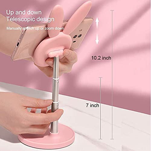 Cute Bunny Phone Holder, Desktop Bunny Ear Cell Phone Holder Stand Height Angle Adjustable Phone Stand Compatible with Most 4-12.9 Inch Mobile Phone, Kindle, iPad, Switch or Tablet (Pink)