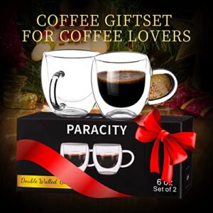 PARACITY Espresso Cups Set Of 2, Double Wall Insulated Glass Coffee Mugs 5.5 OZ, Cappuccino Cups with Handle, Clear Glass Coffee Cups Travel Camping for Cappuccino/Latte/Tea/Shots … (5.5OZ)