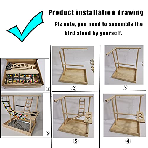 Hamiledyi Parrots Playground, Bird Play Gym Wood Perch Stand Colours Climb Ladders Swing Chewing Toys with Parakeet Feeding Cups Exercise Activity Center for Conure Cockatiel Lovebirds(Include a Tray)