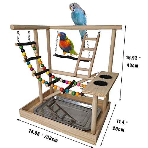 Hamiledyi Parrots Playground, Bird Play Gym Wood Perch Stand Colours Climb Ladders Swing Chewing Toys with Parakeet Feeding Cups Exercise Activity Center for Conure Cockatiel Lovebirds(Include a Tray)