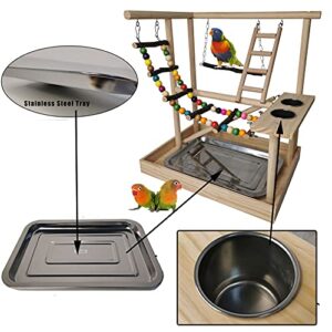 Hamiledyi Parrots Playground, Bird Play Gym Wood Perch Stand Colours Climb Ladders Swing Chewing Toys with Parakeet Feeding Cups Exercise Activity Center for Conure Cockatiel Lovebirds(Include a Tray)