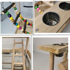 Hamiledyi Parrots Playground, Bird Play Gym Wood Perch Stand Colours Climb Ladders Swing Chewing Toys with Parakeet Feeding Cups Exercise Activity Center for Conure Cockatiel Lovebirds(Include a Tray)