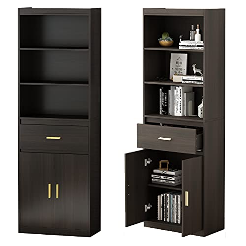 FUFU&GAGA Modern Bookcase Storage Cabinet, Tall Storage Wooden Bookshelf with 3 Tiers Shelf, 2 Doors & 1 Drawer for Home Office, Bedroom, Living Room, 23.6" W x 11.8" D x 70.8" H, Black-Brown