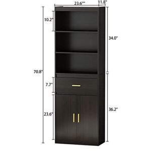 FUFU&GAGA Modern Bookcase Storage Cabinet, Tall Storage Wooden Bookshelf with 3 Tiers Shelf, 2 Doors & 1 Drawer for Home Office, Bedroom, Living Room, 23.6" W x 11.8" D x 70.8" H, Black-Brown