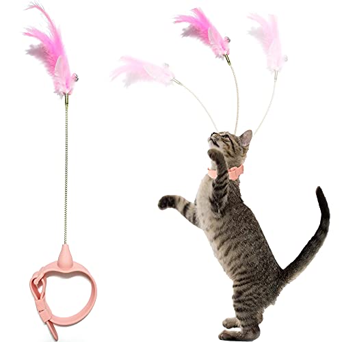 NELJIBEHU Cat Collar Funny Cat Stick,Interactive Cat Feather Toys with Bell,Pink Spring Cat Teaser Stick Toy , Used for Cat Indoor Play, Suitable for Old Kittens and Kittens to Exercise