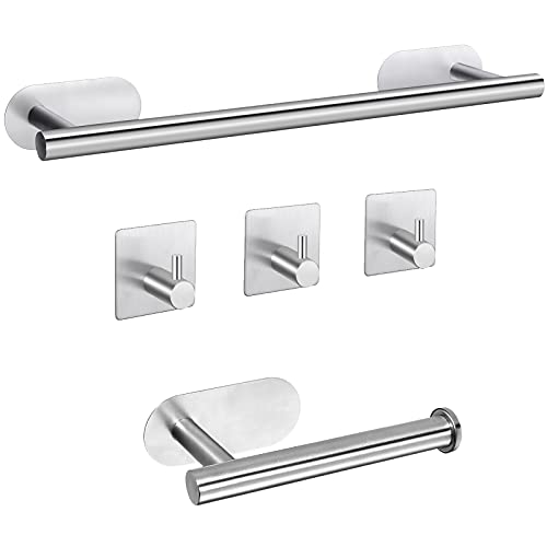 Self Adhesive Towel Bar, JiGiU Bathroom Hardware Set Include 16-Inch Bath Towel Bar,Toilet Paper Holder & 3 Packs Towel Hooks SUS304 Stainless Steel Wall Mount No Drill Sticky on Towel Holder Kit