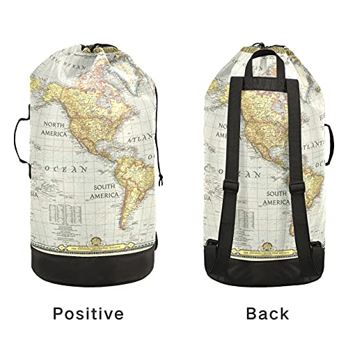 xigua World Map Laundry Bag Backpack with Shoulder Straps, Portable Clothes Hamper Backpack with Drawstring Closure for College, Travel, Laundromat, Apartment