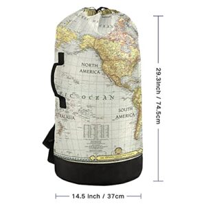 xigua World Map Laundry Bag Backpack with Shoulder Straps, Portable Clothes Hamper Backpack with Drawstring Closure for College, Travel, Laundromat, Apartment