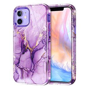 lamcase for iphone 12 and iphone 12 pro case 6.1 inch, heavy duty hard pc soft rubber [stylish glossy marble] full body three layer shockproof drop protection cover, purple marble