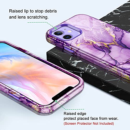 Lamcase for iPhone 12 and iPhone 12 Pro Case 6.1 Inch, Heavy Duty Hard PC Soft Rubber [Stylish Glossy Marble] Full Body Three Layer Shockproof Drop Protection Cover, Purple Marble