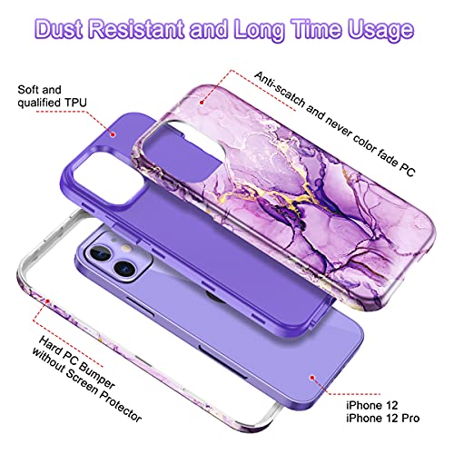 Lamcase for iPhone 12 and iPhone 12 Pro Case 6.1 Inch, Heavy Duty Hard PC Soft Rubber [Stylish Glossy Marble] Full Body Three Layer Shockproof Drop Protection Cover, Purple Marble