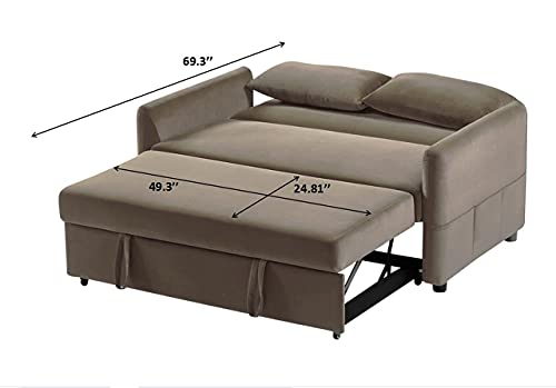 Melpomene 57" W Pull Out Sofa Bed, Convertible Sectional Futon Sofa Couch, Compact Soft Velvet Sofa Bed with 2 Lumbar Pillows and Side Pocket, for Living Room Apartment.(Light Brown)