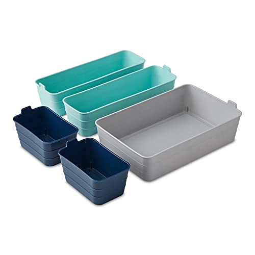 Starplast Industries Mainstays Set of 5 Flexible Drawer Storage Organizers, Grey, Blue, Teal