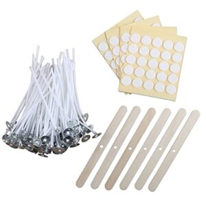 milivixay 3.5 inch candle wick bundle: 100pcs candle wicks, 100pcs candle wick stickers and 6pcs wooden candle wick holders - wicks coated with paraffin wax, cotton wicks kits for candle making.