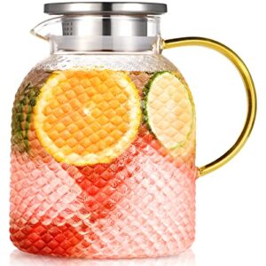 glass pitcher, zbufan 60oz glass pitcher with lid and spout, 1.8l glass water pitcher, iced tea pitcher for fridge, pitchers beverage pitchers, juice lemonade pitcher, glass carafe with brush