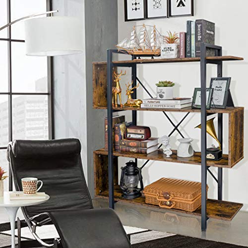 Becko US Bookshelf Vintage Industrial Bookcase 4 Tier S Shaped Display Book Shelves Storage Rack Shelves Z Shaped Shelges for Bedroom Home Office Living Room Entryway Hallway (Rustic Brown)