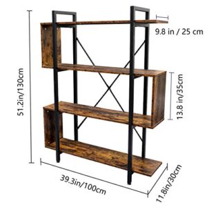 Becko US Bookshelf Vintage Industrial Bookcase 4 Tier S Shaped Display Book Shelves Storage Rack Shelves Z Shaped Shelges for Bedroom Home Office Living Room Entryway Hallway (Rustic Brown)