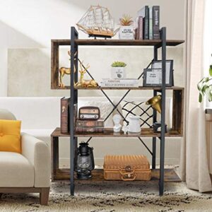 Becko US Bookshelf Vintage Industrial Bookcase 4 Tier S Shaped Display Book Shelves Storage Rack Shelves Z Shaped Shelges for Bedroom Home Office Living Room Entryway Hallway (Rustic Brown)