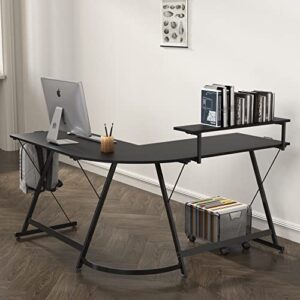 SHW Vista L-Shape Desk with Monitor Stand, Black