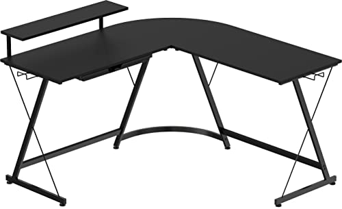 SHW Vista L-Shape Desk with Monitor Stand, Black