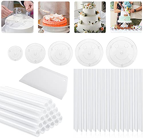 QCYOHO 41Pcs Plastic Cake Dowel Rods Set, 20 Pcs White Cake Support Rods, 5 Pcs Cake Separator Plates for 4, 6, 8, 10, 12 Inch Cakes, 15 Pcs Clear Cake Stacking Dowels for Tiered Cakes