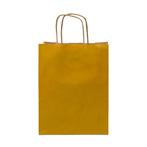 Yellow Gift Bags - 8x4x10 Inch 50 Pack Mustard Kraft Paper Shopping Bags with Handles, Small Craft Totes in Bulk for Boutiques, Small Business, Retail Stores, Birthday Parties, Merchandise, Bulk