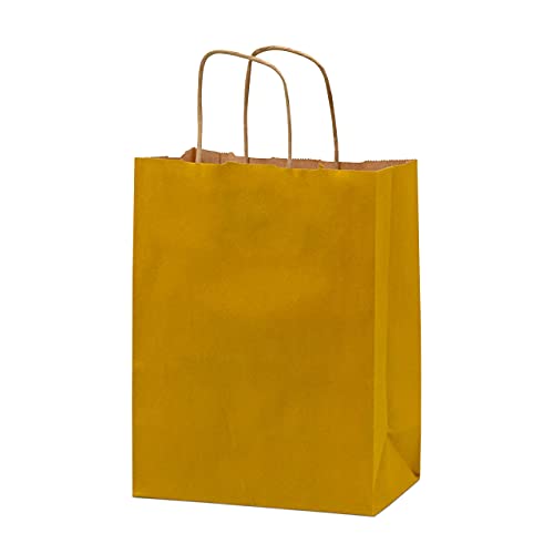 Yellow Gift Bags - 8x4x10 Inch 50 Pack Mustard Kraft Paper Shopping Bags with Handles, Small Craft Totes in Bulk for Boutiques, Small Business, Retail Stores, Birthday Parties, Merchandise, Bulk