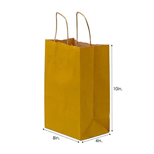 Yellow Gift Bags - 8x4x10 Inch 50 Pack Mustard Kraft Paper Shopping Bags with Handles, Small Craft Totes in Bulk for Boutiques, Small Business, Retail Stores, Birthday Parties, Merchandise, Bulk