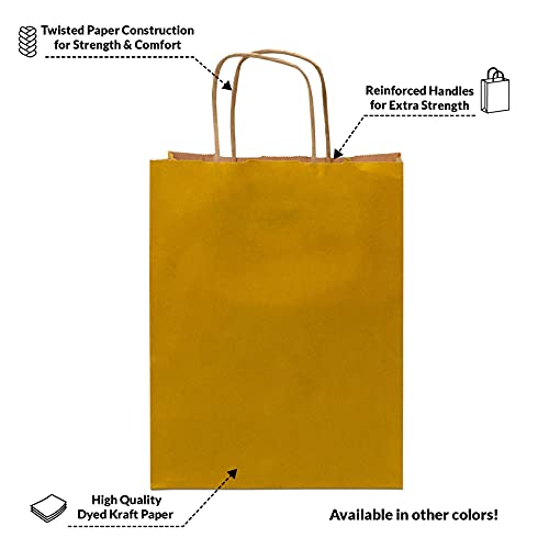 Yellow Gift Bags - 8x4x10 Inch 50 Pack Mustard Kraft Paper Shopping Bags with Handles, Small Craft Totes in Bulk for Boutiques, Small Business, Retail Stores, Birthday Parties, Merchandise, Bulk