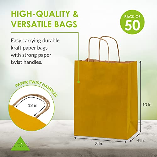 Yellow Gift Bags - 8x4x10 Inch 50 Pack Mustard Kraft Paper Shopping Bags with Handles, Small Craft Totes in Bulk for Boutiques, Small Business, Retail Stores, Birthday Parties, Merchandise, Bulk