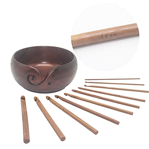 LAMXD Brown Wooden Yarn Bowl with 12 pcs Bamboo Handle Crochet Hook,Wool Storage Handmade Crochet Kit Organizer,Skein Storage Bowl - Knitting & Crochet Yarn Storage Bowls & Accessories