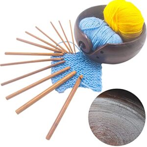 LAMXD Brown Wooden Yarn Bowl with 12 pcs Bamboo Handle Crochet Hook,Wool Storage Handmade Crochet Kit Organizer,Skein Storage Bowl - Knitting & Crochet Yarn Storage Bowls & Accessories