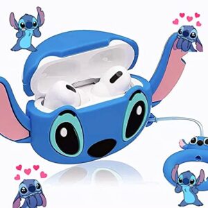 7 in 1 Stitch Airpod Pro Kit, Fashion Cute Funny Cool Silicone Cover for Girls Boys Woman Kids with Ear Hooks/Anti-Lost Strap/Case/Watch Band Holder/Brush/Keychain (Disney Stitch Blue )