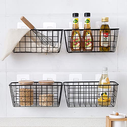 Metal Hanging Wire Basket with Hooks for Storage, Bawuie 4 Pack Wall Mount on Door Sturdy Organizer Holder, Farmhouse Rustic Decor Home Bin for Kitchen Cabinets Pantry Bathroom Bedroom Office, Black