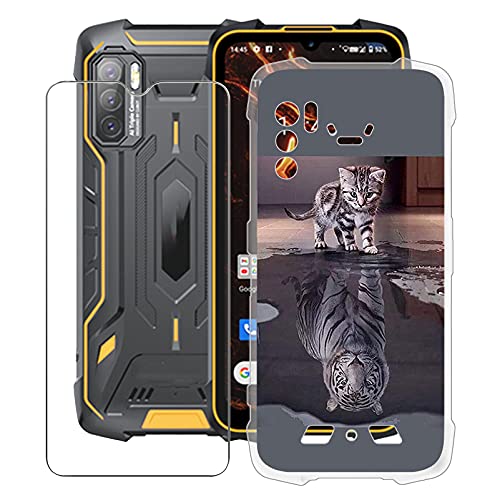 HHUAN Case for Cubot King Kong 5 Pro (6.09 Inch) with Tempered Glass Screen Protector, Clear Soft Silicone Protective Cover Bumper Shockproof Phone Case for Cubot King Kong 5 Pro - WMA8