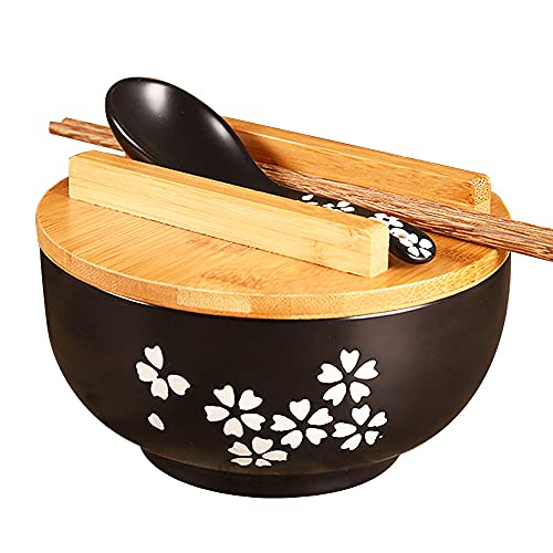 WHJY Black Ceramic Bowl with Lid, Spoon, Chopsticks for Soup, Rice, Noodles. Japanese Traditional Style Tableware.