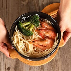 WHJY Black Ceramic Bowl with Lid, Spoon, Chopsticks for Soup, Rice, Noodles. Japanese Traditional Style Tableware.