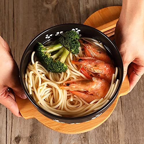 WHJY Black Ceramic Bowl with Lid, Spoon, Chopsticks for Soup, Rice, Noodles. Japanese Traditional Style Tableware.