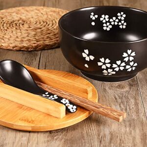 WHJY Black Ceramic Bowl with Lid, Spoon, Chopsticks for Soup, Rice, Noodles. Japanese Traditional Style Tableware.