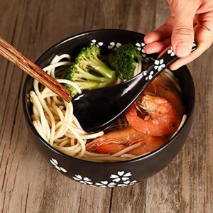 WHJY Black Ceramic Bowl with Lid, Spoon, Chopsticks for Soup, Rice, Noodles. Japanese Traditional Style Tableware.