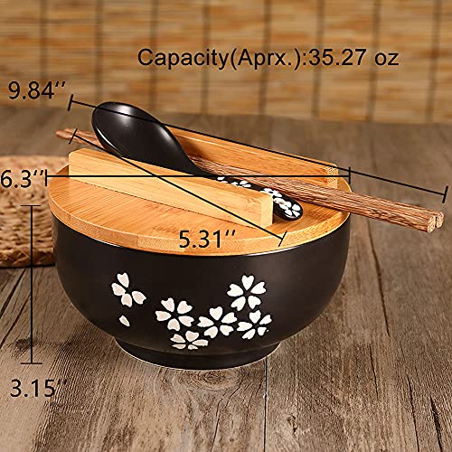 WHJY Black Ceramic Bowl with Lid, Spoon, Chopsticks for Soup, Rice, Noodles. Japanese Traditional Style Tableware.