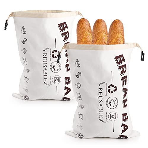 ZOOFOX Set of 2 Bread Bag, Waterproof Reusable Linen Cotton Bread Bags, Fresh-keeping Homemade Bread Container Bag with Double Lining for Large Loaf, Baguette, Food, Gift Giving, 17" x 13"