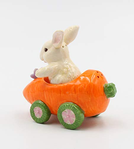 Fine Ceramic Bunny Rabbit on Carrot Cart Salt & Pepper Shakers, 4 1/4" L