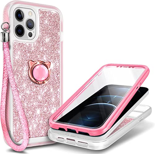 NZND Case for iPhone 11 with Built-in Screen Protector (6.1 inch, 2019) Ring Holder/Wrist Strap, Full-Body Protective Shockproof Rugged Bumper Cover, Impact Resist Durable Case (Glitter Rose Gold)